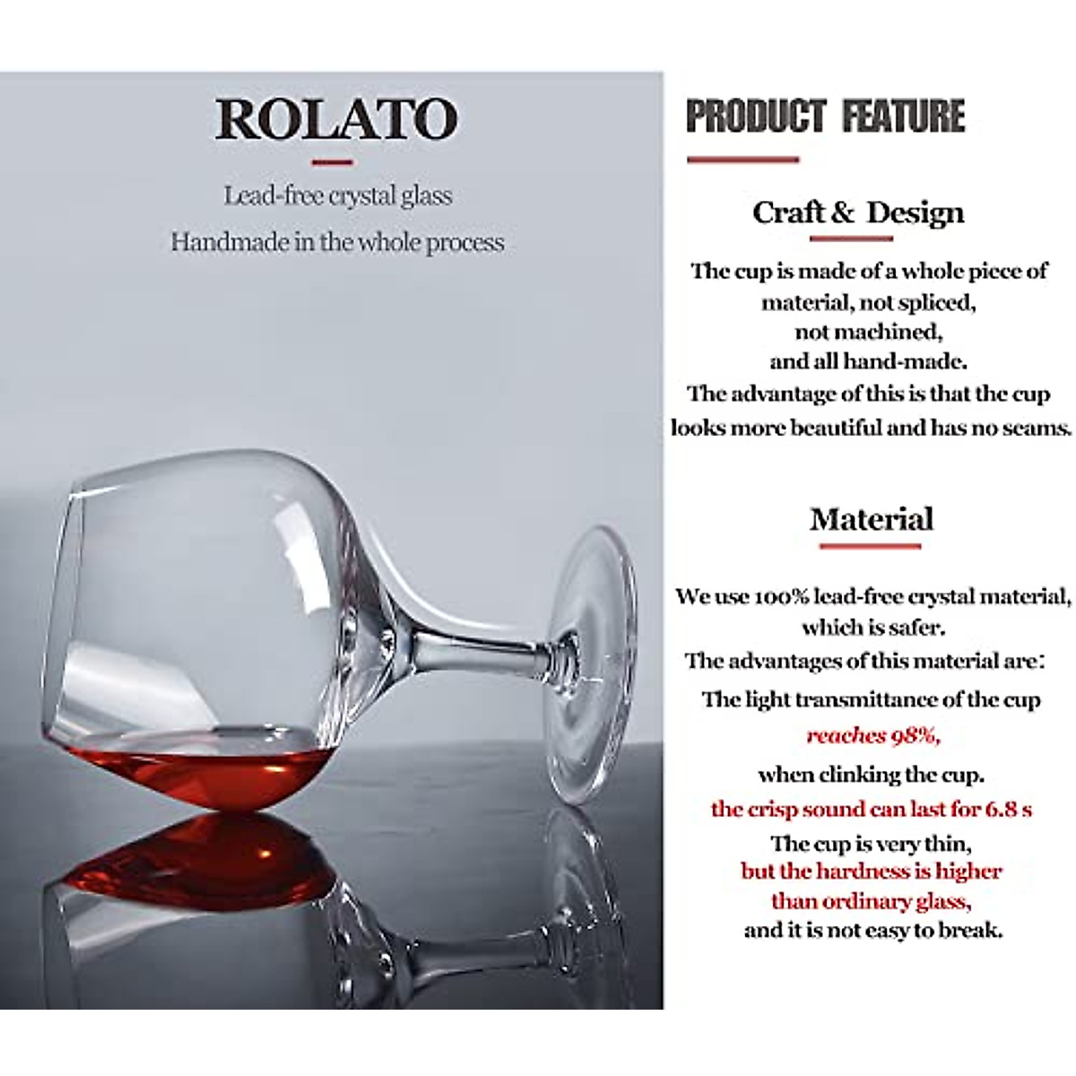 ROLATO Cognac Brandy Crystal Small Glasses Snifter, Set of 4 - Handcrafted - Good for Bourbon Whiskey - 15-ounce