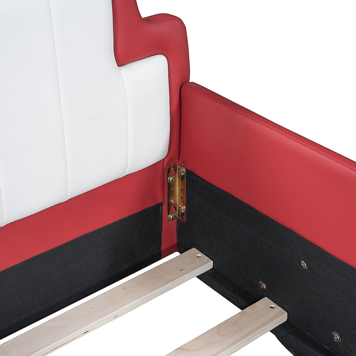 Harper & Bright Designs Twin Size Race Car-Shaped Bed Frame with Wheels for Kids, PU Leather Wooden Twin Platform Bed with Wood Slat Support, No Box Spring Needed,Red