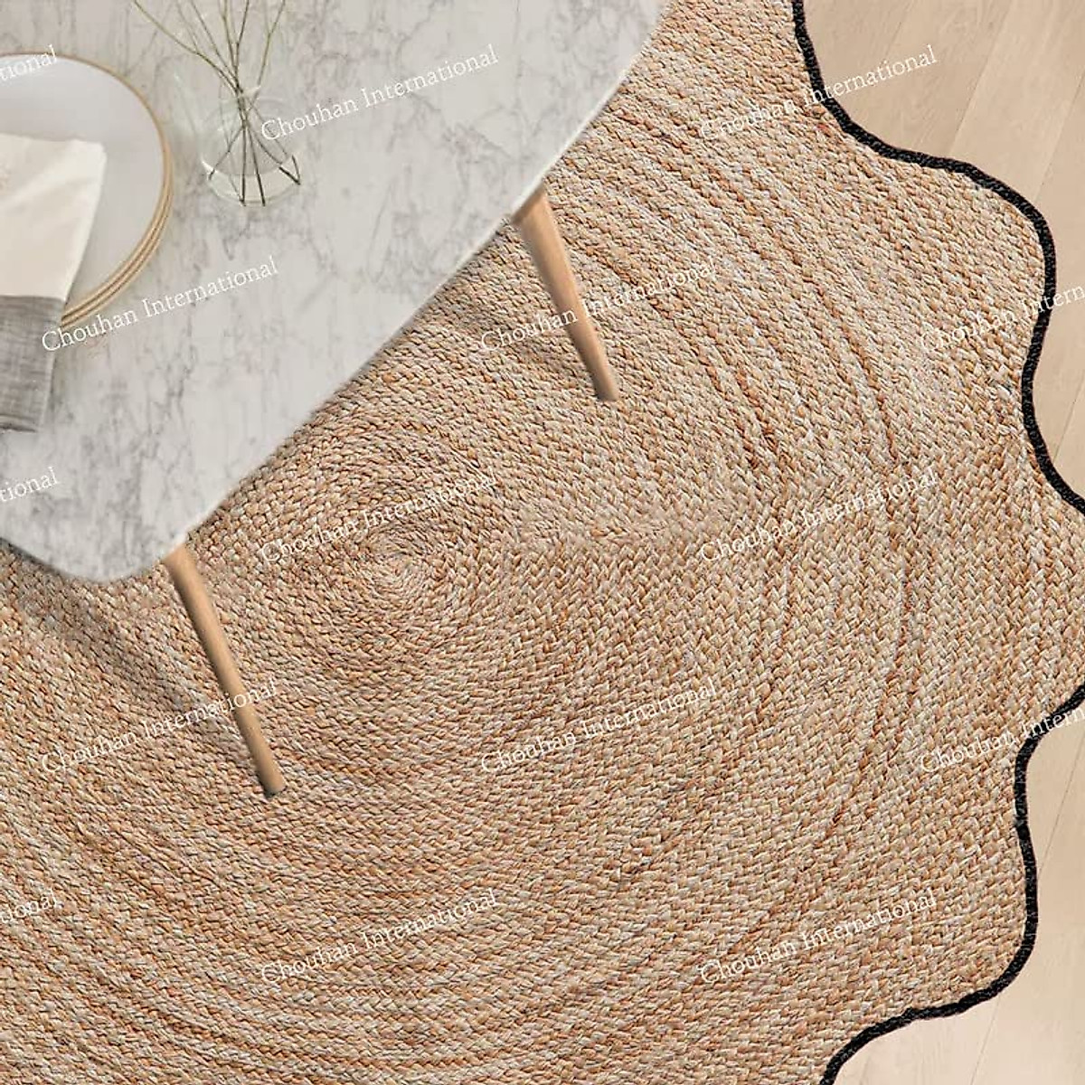 4x4, 5x5, 6x6,feet Natural Jute Scallop Round Rug, Floor Scalloped Edge Rug Braided Boho Eco Large Circular Handmade Area Rugs (D2)