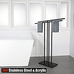 JQK Bath Towel Holder Stand Black, 30 Inch Free Standing Double Towel Rack Shelf for Bathroom Floor, Matte Black, BTH100L30-PB