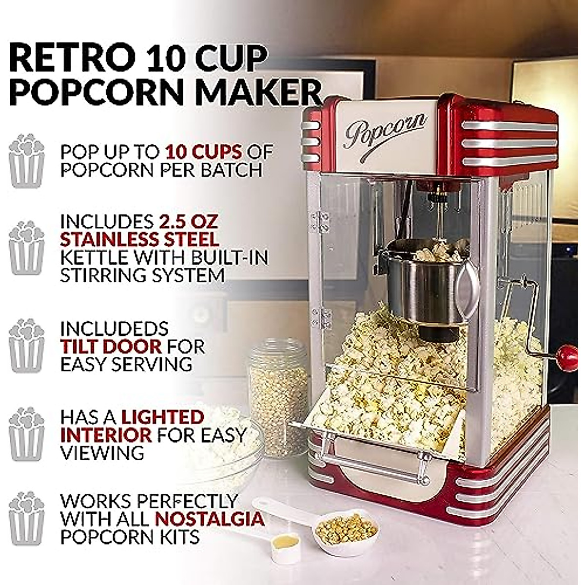 Nostalgia Popcorn Maker, 2.5 Oz Kettle Makes 10 Cups, Retro Classic Popcorn Machine with Interior Light, Measuring Spoons and Scoop, White and Red