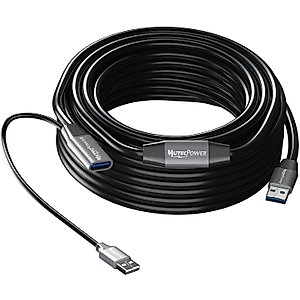 MutecPower 50 Feet Active USB 3.0 Male to Female Extension Cable USB A Repeater Extender Cord with 2 boosters & USB Power Supply - Black 15m – Compatible with Laptops, Hard Drives, Xbox, PS4, VR etc