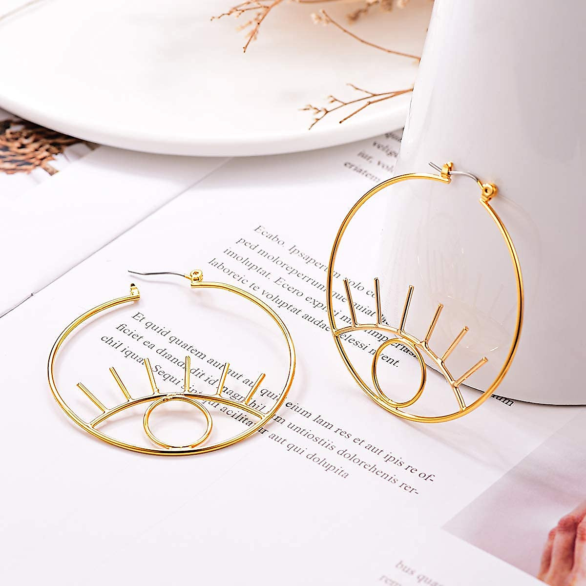 FOCALOOK Gold Eye Earrings for Women 18K Gold Plated Dangle Abstract Evil Eye Hoop Earrings