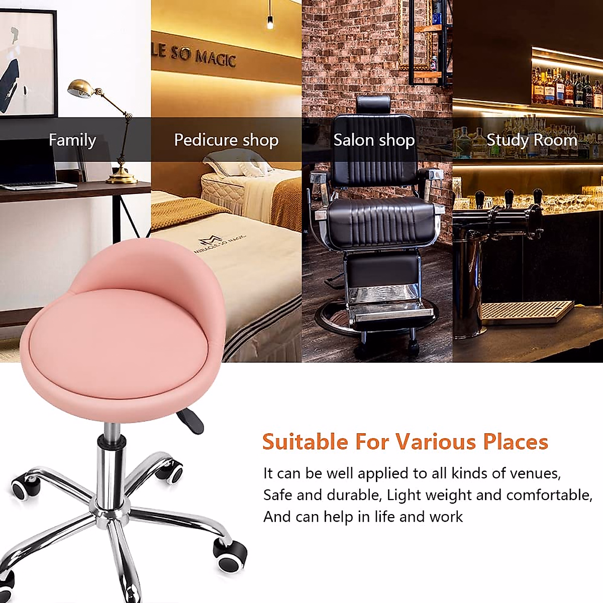 KKTONER PU Leather Round Rolling Stool with Back Rest Height Adjustable Swivel Drafting Work SPA Task Chair with Wheels Pink