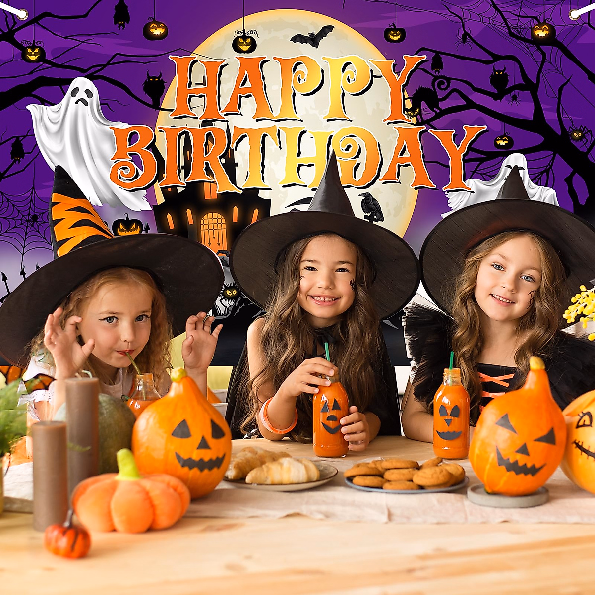 Avezano Halloween Birthday Banner Halloween Birthday Backdrop Kid Halloween Birthday Decorations Horror Moon Night Halloween Booday Backdrop 70.8x43.3 inch, Purple