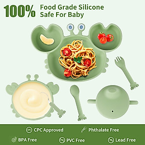 Silicone Baby Feeding Set with BPA-Free Suction Plates, Bowl, Silicone Bibs, Sippy Cup, 2 Set Forks and Spoons for Babies 8PCS Baby Led Weaning Supplies Self Feeding Utensils for Toddlers Kids (Green)