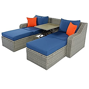 Merax 3 Pieces Patio Furniture Set Outdoor Conversation Wicker Rattan Sofa Chair, Lift Top Coffee Table and Ottomans, Blue