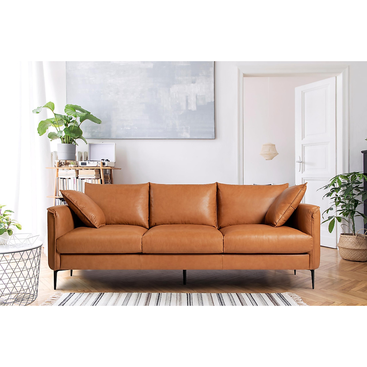 Valencia Jasper 85" Cognac Tan Brown 3 Seater Full Leather Couch | Mid Century Leather Sofa with 2 Pillows for Living Room Furniture | Plush Cushions, Nappa Leather Lounge Couch