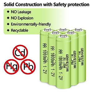 GENYESTAR Solar Lights AA Rechargeable Batteries 1000mah High Capacity 1.2V Ni-MH AA Battery for Outdoor Lights, String Lights, TV Remotes, Wireless Mouses, Flashlight, 8 Pack