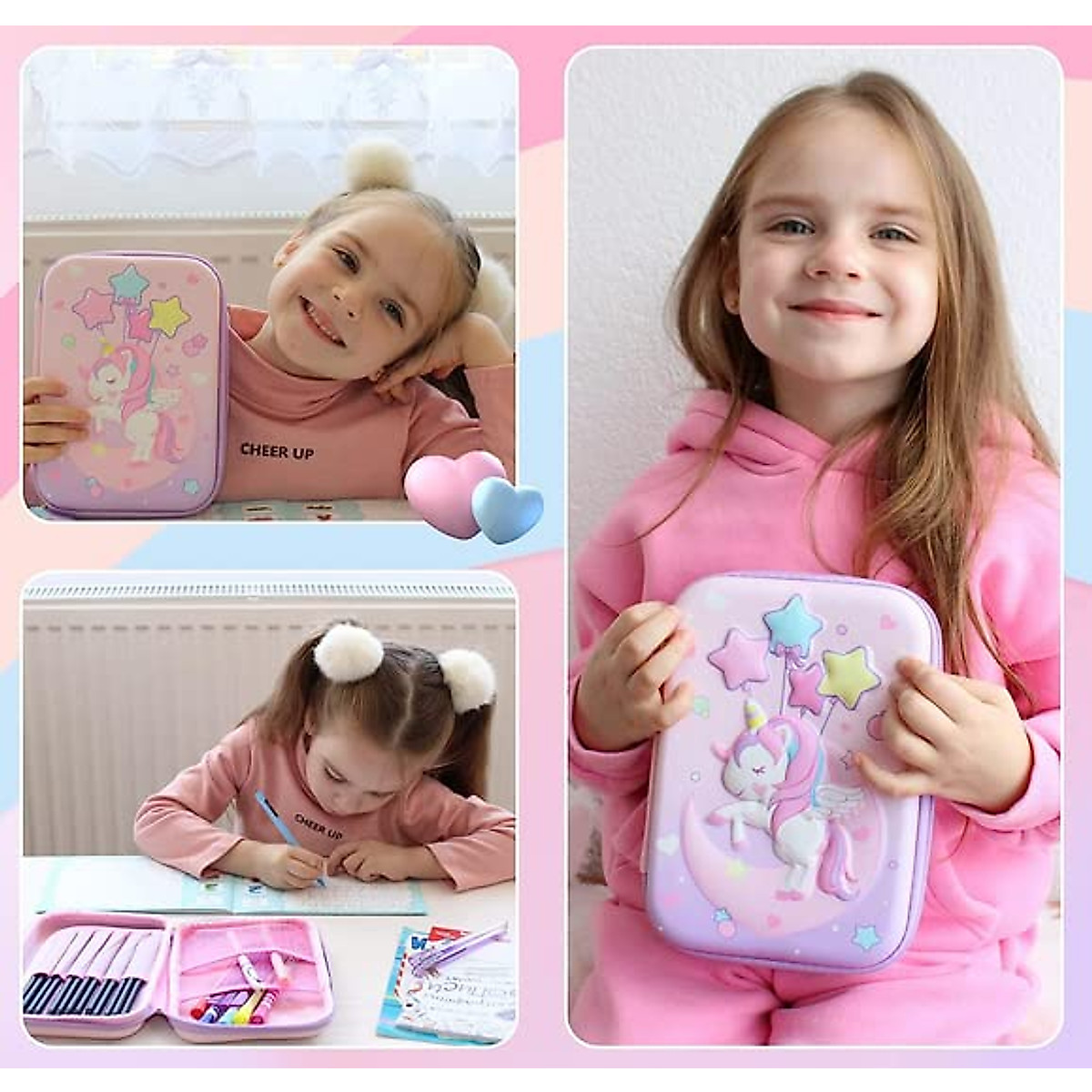 Unicorn Pencil Case, Cute Large Capacity Pen Box for Girls, 3D EVA Stationery Bag Pink Pencil Pouch Organizer with Compartments, Anti-Shock School Supplies Multi-Compartment for Kids Students (MOON L)