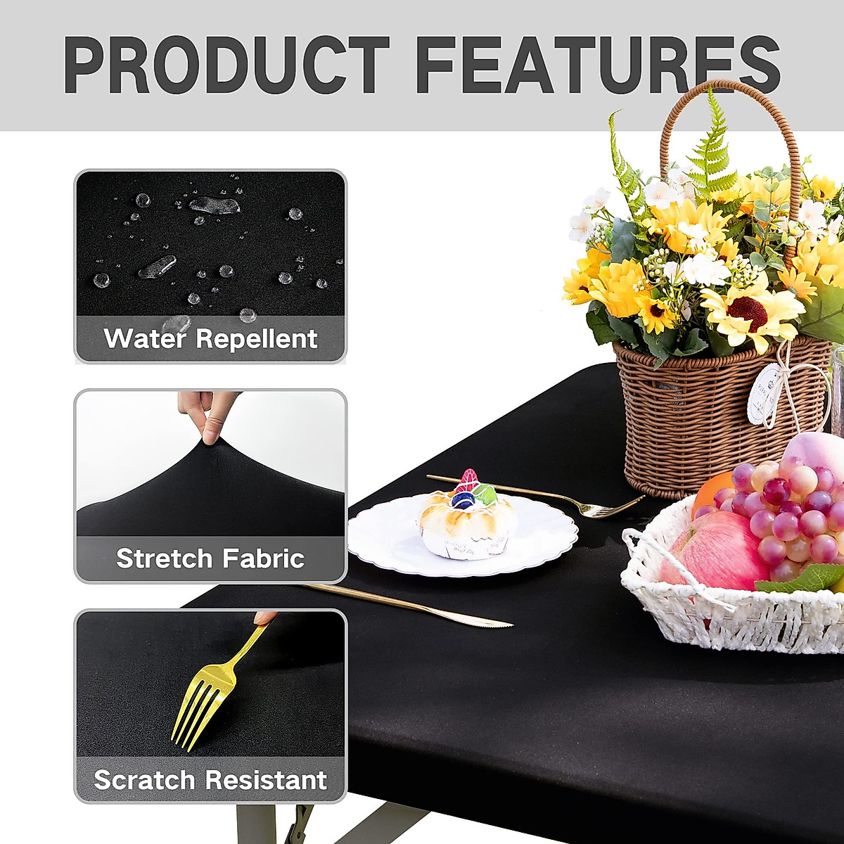 Nacuci Square Fitted Table Cover Elastic Tablecloth Stretch Spandex Table Top Cover Table Topper Cap for Dining Kitchen Home Party Black 34X34 Inch