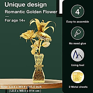 Microworld 3D Metal Puzzle, Romantic Golden Flower Metal Models Kits, DIY Gift 3D Puzzle for Adults, Beginner Assembly Puzzle, Home Decor Art Craft Unique Gifts for Her…