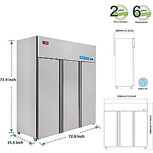 Aceland Commercial Refrigerator NON-ETL 72" Three Door Stainless Steel Upright Fan Cooling Refrigerator for Restaurant, Bar, Shop, Residential 54 Cu.ft (Commercial Kitchen Equipment)