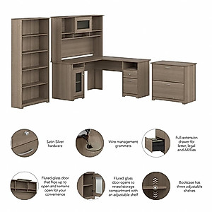 Bush Furniture L Shaped Desk with Hutch, 5 Shelf Bookcase and Lateral File Cabinet | Cabot Collection Corner Computer Table with Storage and Bookshelf | 60Wx23DX37W