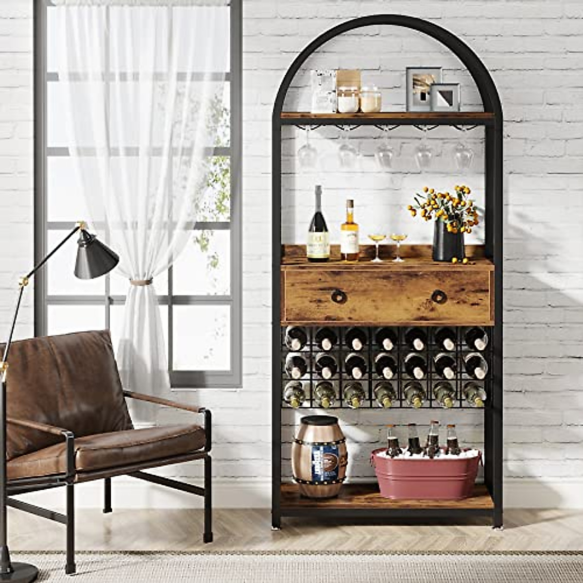 Tribesigns Wine Rack Cabinet Tall Freestanding Floor Liquor Cabinet with Glasses Holder and 1 Drawer, Industrial 21-Bottle Metal and Wood Wine Rack Table for Home Bar, Kitchen, Dining, Rustic Brown
