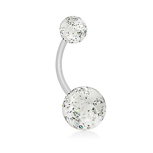 Forbidden Body Jewelry Belly Button Rings Metal Free Belly Ring Bioflex Barbell with Clear or Glitter Double Balls 14G (Clear Glitter)