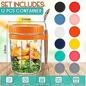 12 Pcs Overnight Oats Jars with Lid and Spoon, 12 oz Large Capacity Airtight Oatmeal Container Bulk with Measurement Marks, Mason Jars with Lid for Cereal on the Go Container