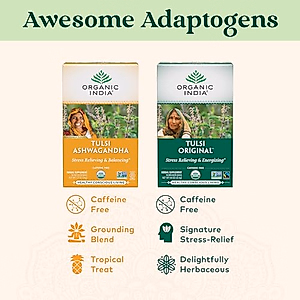 Organic India Tulsi Original Herbal Tea - Holy Basil, Stress Relieving & Energizing, Immune Support, Adaptogen, Vegan, USDA Certified Organic, Non-GMO, Caffeine-Free - 18 Infusion Bags, 3 Pack