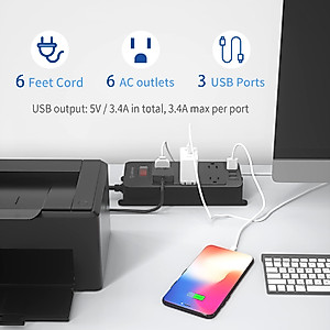 Outdoor Power Strip Weatherproof, 6 Outlets Waterproof Surge Protector with 3 USB Ports, 6 FT Extension Cord, Shockproof Overload Protection, Wall Mountable for Home Office Patio Porch (Black)