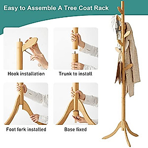 viewcare Coat Rack Free Standing, Adjustable Coat Tree with 8 Hooks, Bamboo Coat Stand for Entryway, Hallway, Corner, Bedroom & Office, Sturdy Coat Rack for Coats, Hats, Scarves, and Handbags