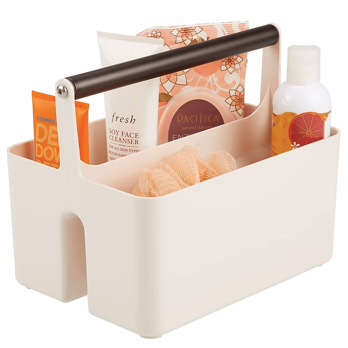 mDesign Plastic Shower Caddy Storage Organizer Utility Tote, Divided Basket Bin - Metal Handle for Bathroom, Dorm, Kitchen, Holds Soap, Shampoo, Conditioner - Aura Collection - Cream/Bronze