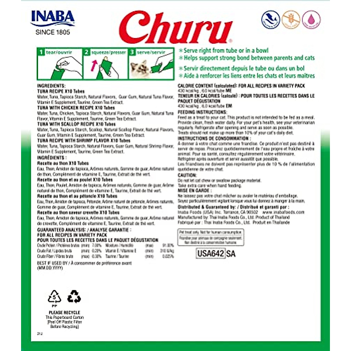 INABA Churu Cat Treats, Grain-Free, Lickable, Squeezable Creamy Purée Cat Treat/Topper with Vitamin E & Taurine, 0.5 Ounces Each Tube, 40 Tubes, Tuna & Seafood Variety Box