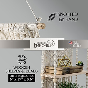Creekview Home Emporium Hanging Plant Shelf Indoor Boho Decor - 3 Tier Macrame Shelf Wall Hanging Decor - Rope Boho Wall Art Wooden Floating Bookshelf for Kitchen, Bathroom or Bedroom