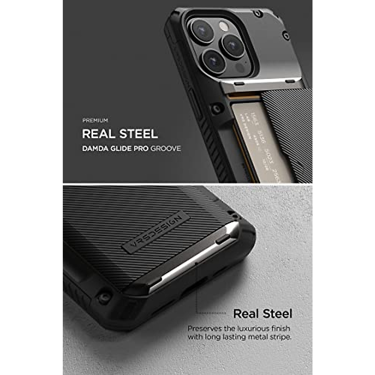 VRS Design Damda Glide Pro Phone Case for iPhone 14, Sturdy Semi Auto Wallet [4 Cards] Case Compatible for iPhone 14 (2022) (Groove Black)