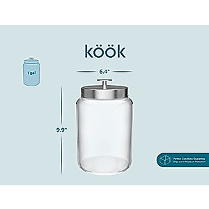 KooK Glass Large Kitchen Canister Set, Food Storage Containers, Bathroom Jars, Airtight Lids, 3.7 Liters.98 gallons, Set of 2 (Stainless Steel)