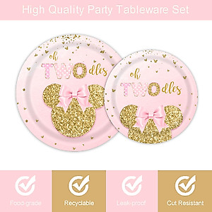 96 PCS Cartoon Mouse 2nd Plates and Napkins Party Supplies Girls Oh Twodles Mouse Happy 2nd Birthday Tableware Set Two Years Old Birthday Dinnerware Party Decorations Serve 24 Guests