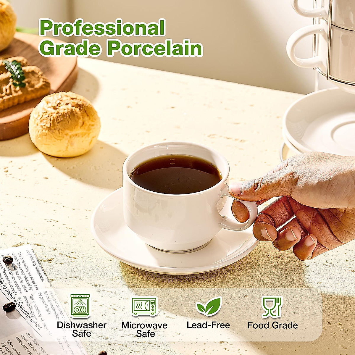 Mfacoy 8 Ounce Porcelain Cappuccino Cups with Saucers and Metal Stand, Stackable Coffee Cups for Specialty Coffee Drinks, Cappuccino, Latte, Espresso, Americano and Tea - White Cups Set of 4