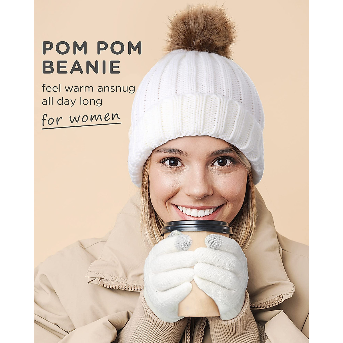 6 Pieces Women Knitted Winter Hat Glove Set Skull Cap Beanie Touchscreen Gloves Texting Gloves for Women (Black, White, Grey)