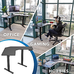 Mount-It! Electric Height Adjustable Corner Stand Up Desk, Black Steel Frame L-Shaped Standing Workstation for Corners, Automatic Sit Stand Desk, Smoothly Raises from 28.3" to 47.2", Home Office