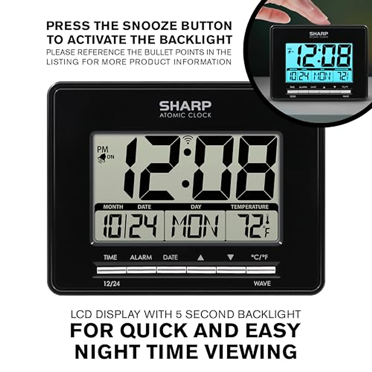 Sharp Atomic Desktop Clock – Auto Set Digital Alarm Clock - Atomic Accuracy - Easy to Read Screen with Time/Date/Temperature Display- Perfect for Nightstand or Desk