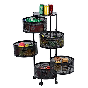 Grebest Kitchen Fruit Vegetable Storage Cart, 5 Tier Circular Rotating Basket with 360 Degree Wheels, Metal Wire Shelf with Top Lid for Living Room/Kitchen/Office Black Five Layers