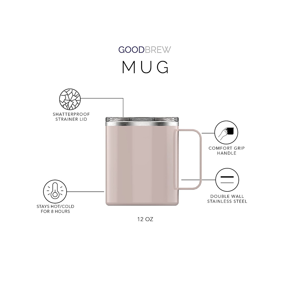 GOODBREW Camp Mug - Stainless Steel Insulated Mug with Strainer Lid | Double Wall | Comfortable Grip Handle | Perfect for Commuting, Camping or Traveling (12oz, 2 Pack) (Beige Crema)