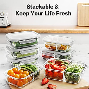 HOMBERKING 9 Pack Glass Meal Prep Containers 3 & 2 & 1 Compartment, Glass Food Storage Containers with Lids, Airtight Glass Lunch Bento Boxes, BPA-Free & Leak Proof (9 lids & 9 Containers) - White