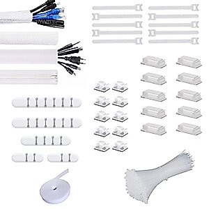 140pcs Cable Management Organizer Kit with Cable Sleeve Split,Self Adhesive Cable Clip Holder and tie, Self-Locking Cable Ties Premium Cord Management Kits for TV Computer Office Home (White)