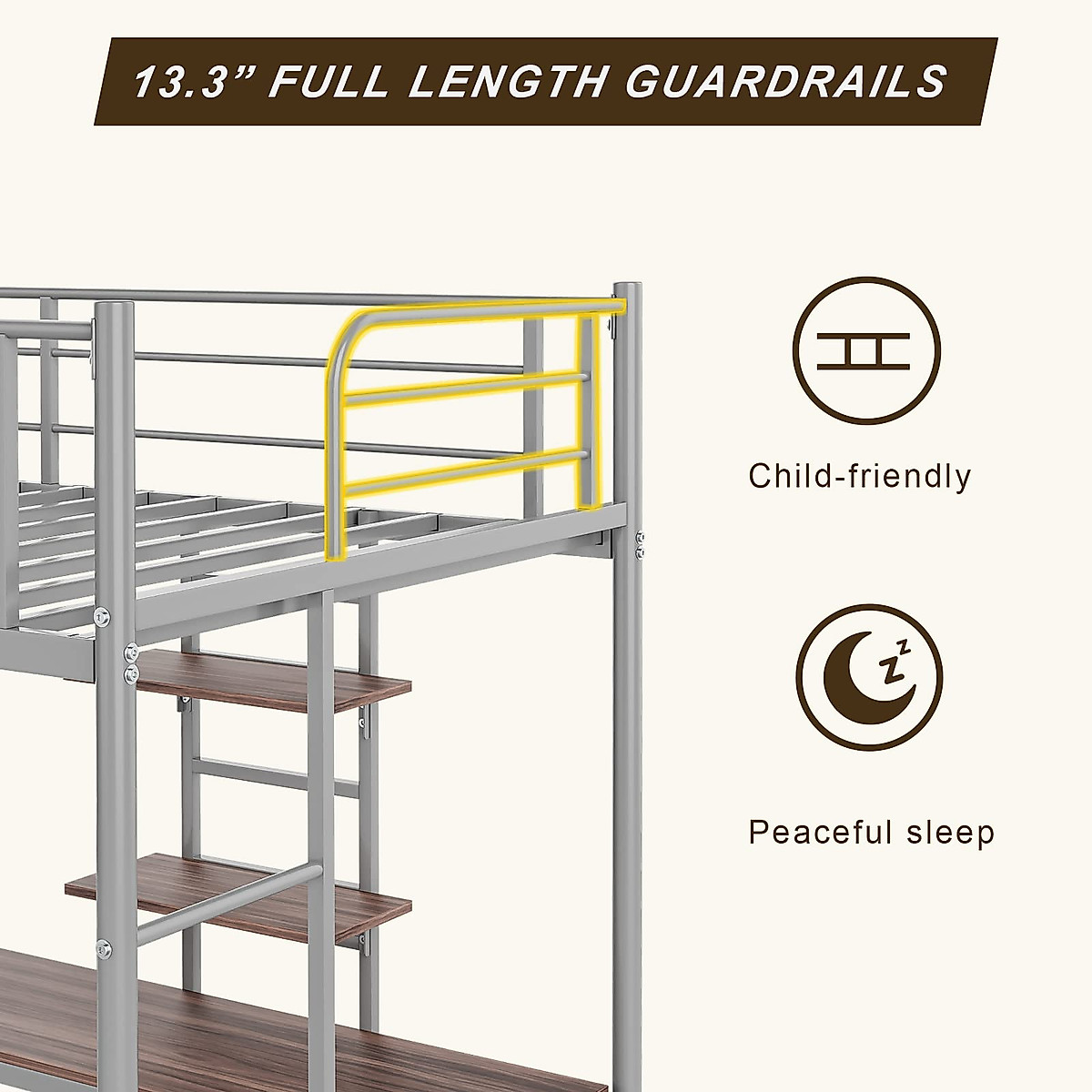 IKIFLY Twin Size Loft Bed with Desk & Storage Shelves, Metal Loft Bed Frame with 2 Built-in Ladders, Safety Guard Rail, Space-Saving Design, Noise Free, No Box Spring Needed - Silver Grey