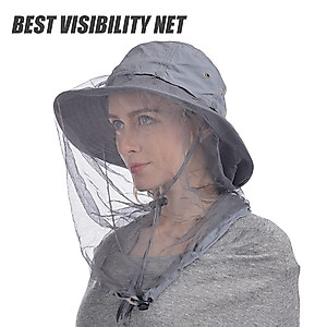 USHAKE Head Net Hat, Safari Hat Sun Hat Bucket Hat with Hidden Net Mesh Grey