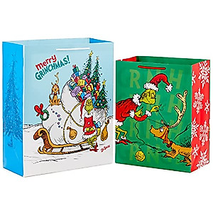 Hallmark Dr. Seuss Grinch Gift Bag Set for Kids (2 Bags: 1 Large 13", 1 Extra Large 15") The Grinch with Max and Sleigh (Red, Green, White, Blue), Assorted