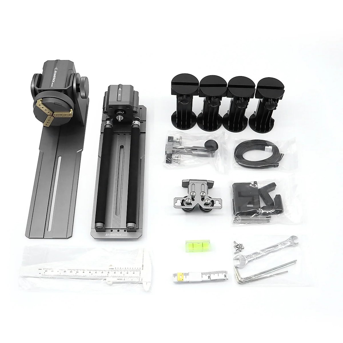 ATOMSTACK R1 Pro Laser Rotary Roller, 4 in 1 Multi-function Chuck Rotary with Risers, 180° Adjustable Chuck with 3 Jaws for Engraving Rings, Spherical, Cylindrical Objects, Irregular Items