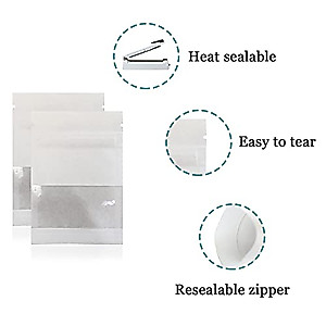 100Pcs White Kraft Paper Window Bags Smell Proof Resealable Food Storage Pouch for Zip Flat Lock Candy Coffee Beans Packaging Bag with Tear Notches 3.5x5.1 inch