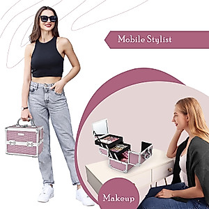 Joligrace Makeup Train Case Portable Cosmetic Box Jewelry Organizer Lockable with Keys and Mirror 2-Tier Trays for Makeup Artists Craft Nail Kits Sewing Box Traveling Makeup Storage Case Pink