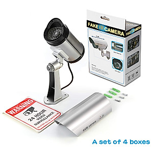 Fake Camera, FITNATE Dummy Camera CCTV Surveillance System with LED Red Flashing Light with 4 Safety Warning Stickers, Fake Security Camera for Outdoor & Indoor Use (4 Packs, Silver)