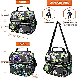 OPUX Lunch Bag Women Insulated, Adult Lunch Box Cooler, Flower Lunch Box, Dual Compartment Lunchbox for Work, Leakproof Double Decker Lunch Bag, Soft Lunch Pail Tote Girls Kids School, Floral Gray