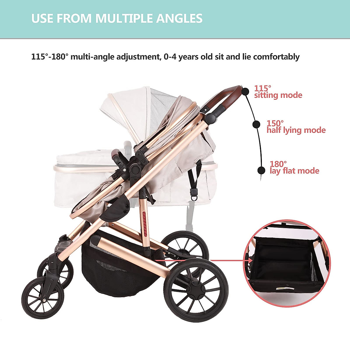 Lightweight Stroller, High Landscape Infant Pram, Aluminum Frame, Suitable For Toddlers And Children, With Multi-angle Adjustment, From Birth 0 To 4 Years, 0-20 Kg(Color:Grey)