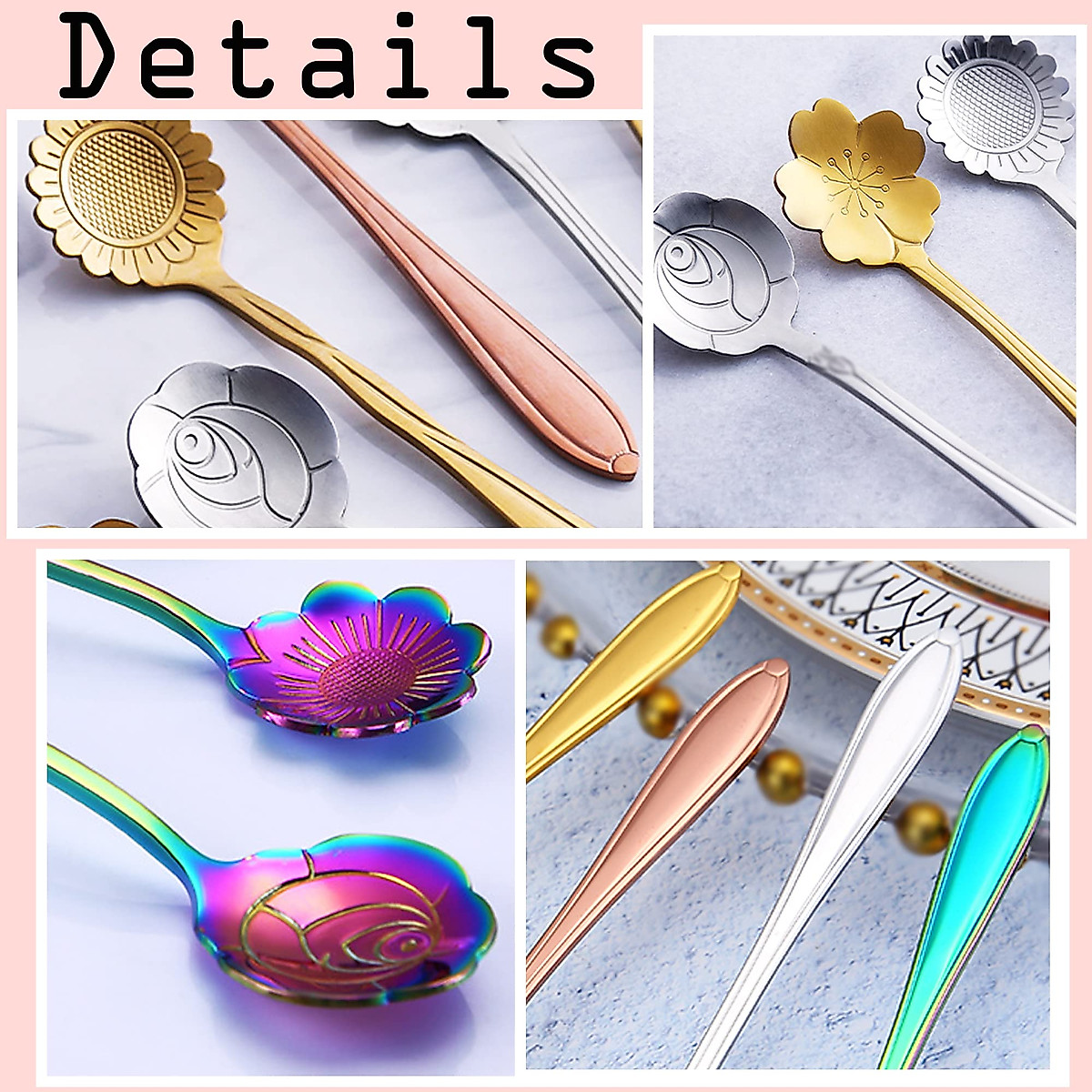 16 Pieces Tea Spoon Coffee Teaspoon Set, PBIEHSR Stainless Steel Flower Spoons for Stirring Drink Mixing Milkshake Jam