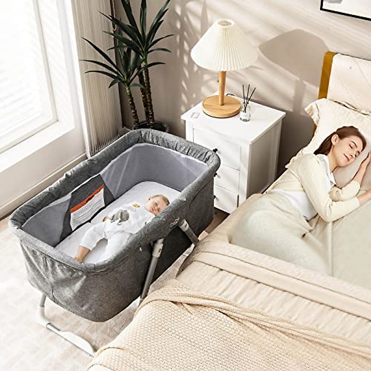 BABY JOY Bassinet, 2 in 1 Rocking Bassinet for Baby w/Detachable Curtain Cloth, Mattress, Breathable Mesh, Adjustable Height, Quick Folding Crib w/Travel Bag for Newborn Infants, Portable Bassinet