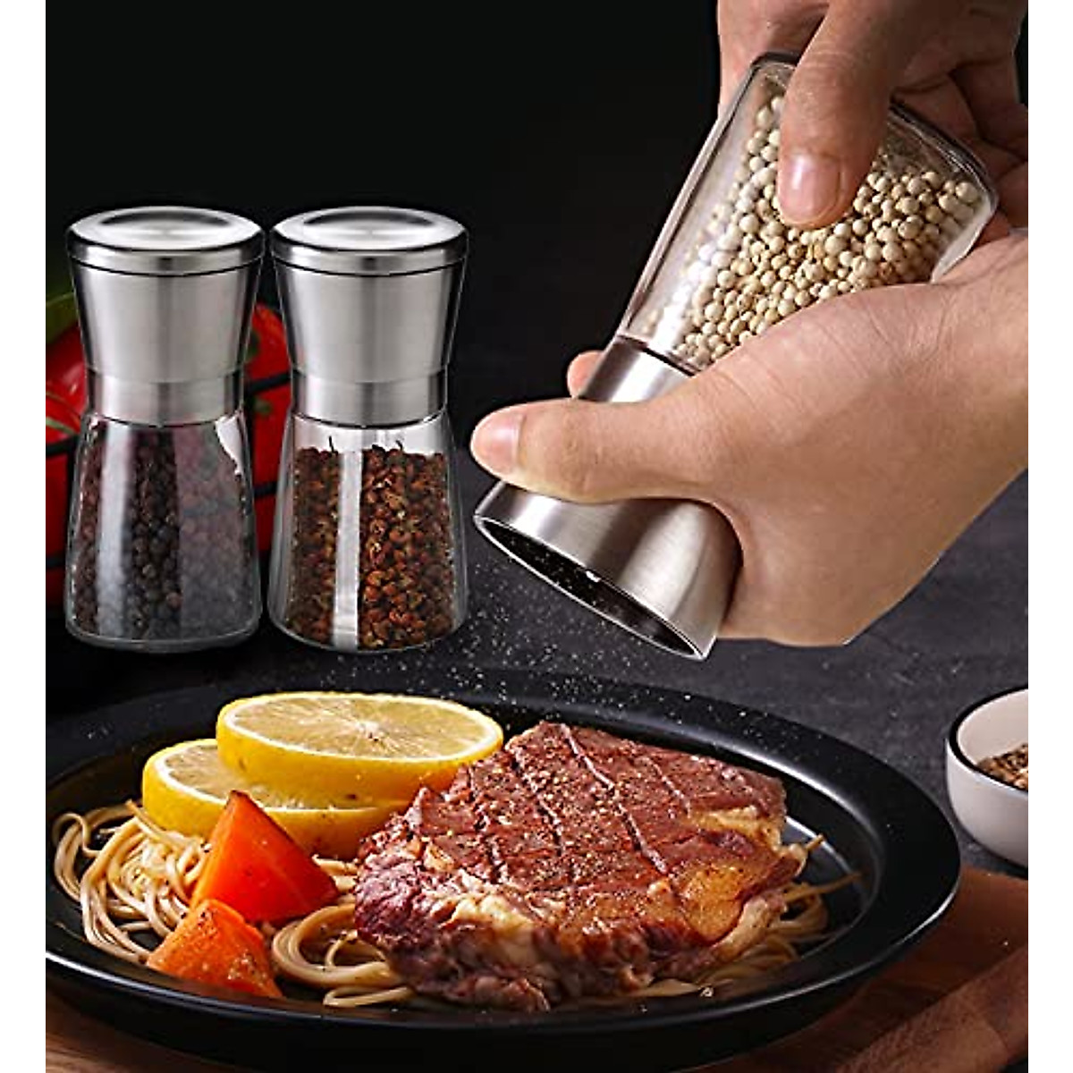 Professional Salt and Pepper Grinder Set of 2 - Brushed 304 Stainless Steel, Adjustable Ceramic Coarseness, Pepper, Sesame, Spice Salt Shaker, Pepper Grinder, Added Bonus Two Cleaning Brush- 6 Oz